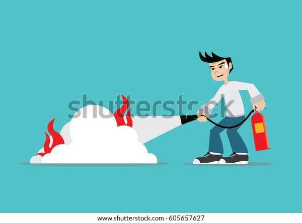 Cartoon Character Man Sprays Fire Extinguisher Stock Vector (Royalty ...