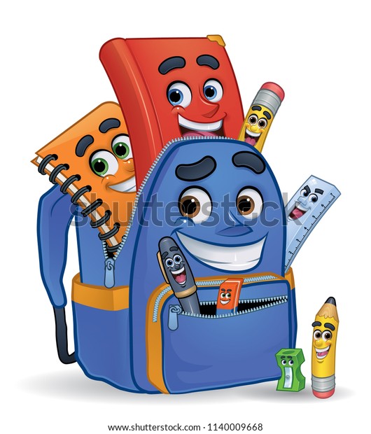 Cartoon Character School Stationery Opened Schoolbag Stock Vector ...