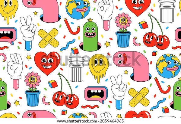 Cartoon Characters Background Funny Stickers Patches Stock Vector ...