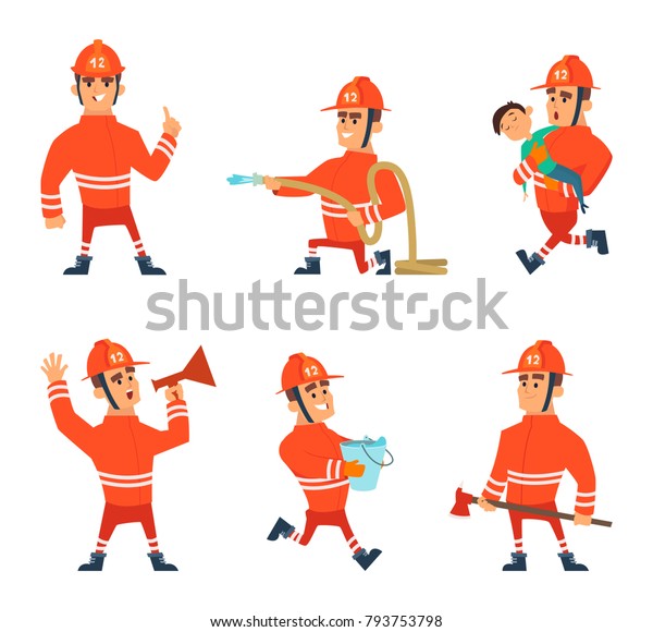 Cartoon Characters Firefighters Action Poses Vector Stock Vector ...