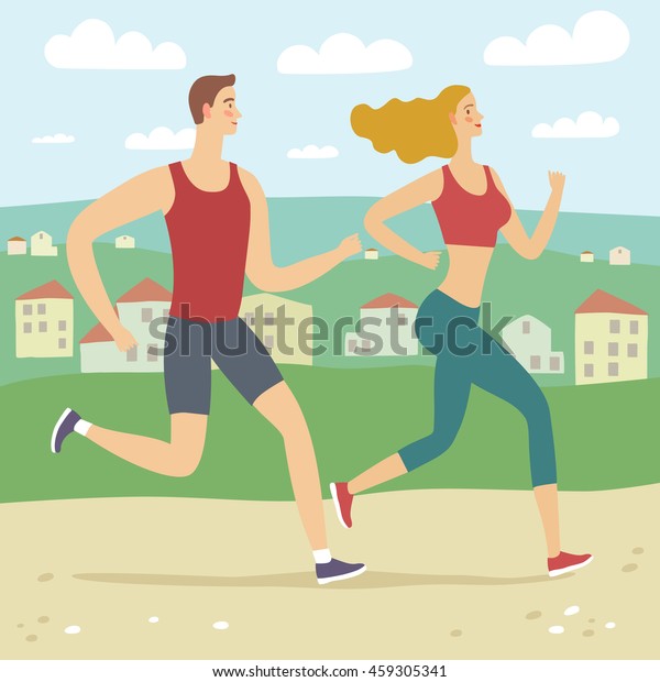 Cartoon Cheerful Running Pair Man Woman Stock Vector (Royalty Free ...