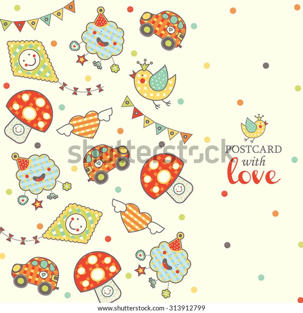 Cartoon Childrens Postcard Vector Cute Illustration Stock Vector ...