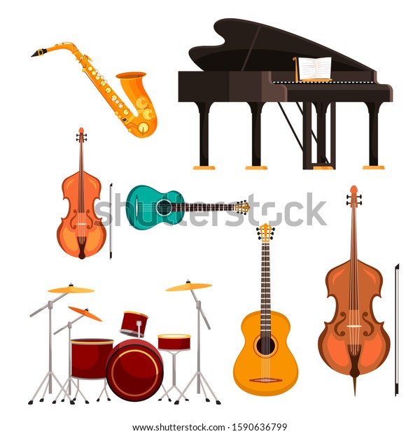 Cartoon Classical Jazz Musician Instruments Set Stock Vector (Royalty ...