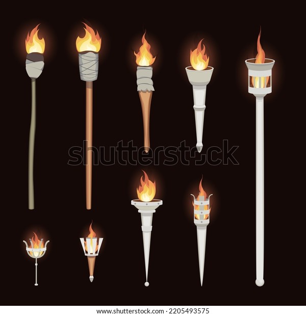 Cartoon Color Different Medieval Torches Icons Stock Vector (Royalty ...