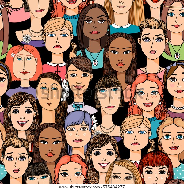 Cartoon Colored Faces Crowd Doodle Handdrawn Stock Vector (Royalty Free ...