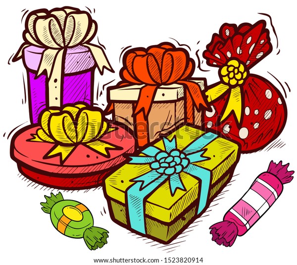 Cartoon Colored Presents Different Gift Boxes Stock Vector (Royalty ...