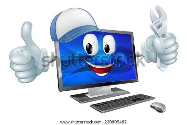 A cartoon computer repair mascot with a cap and spanner doing a thumbs up