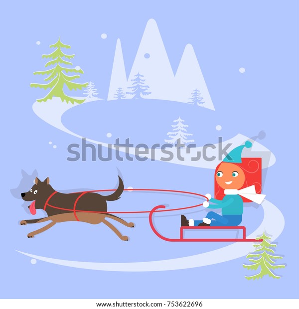 Cartoon concept of cute kids playing outside. Winter scene with ...