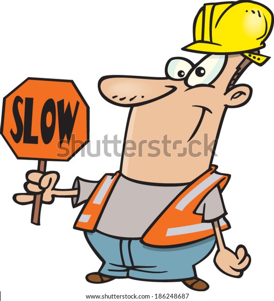 Cartoon Construction Worker Holding Slow Sign Stock Vector (Royalty ...