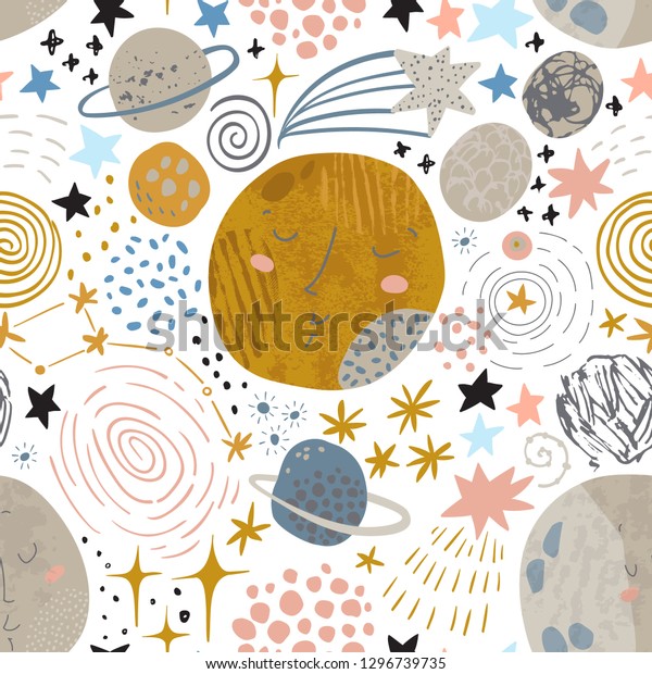 Cartoon Cosmic Background Cute Planets Moon: เวกเตอร์สต็อก (ปลอดค่า ...