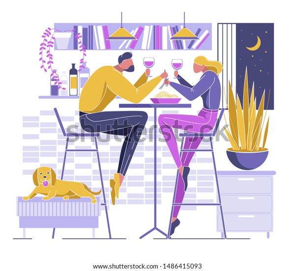 Cartoon Couple Dinner Home Vector Illustration: เวกเตอร์สต็อก (ปลอดค่า ...