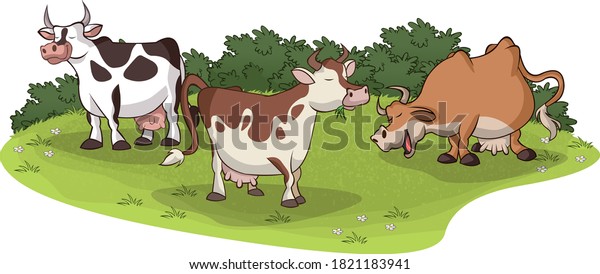 Cartoon Cows Grazing Cattle On Grass Stock Vector (Royalty Free) 1821183941