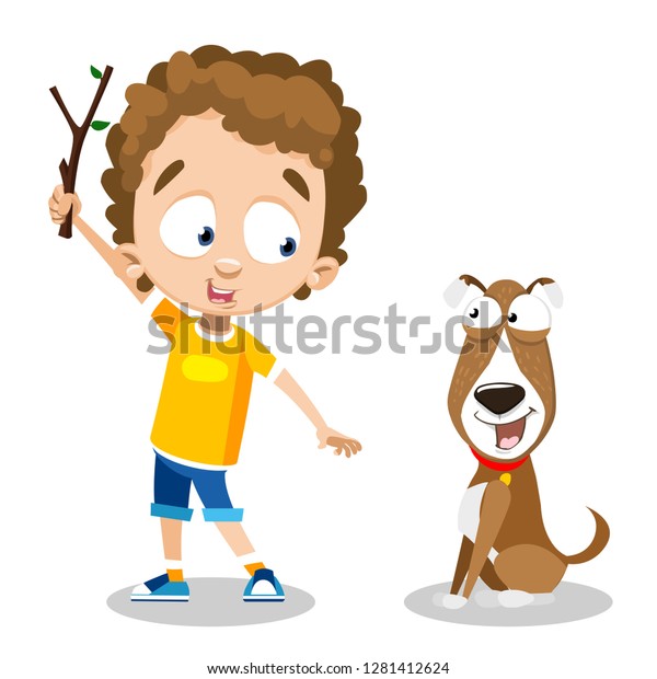 Cartoon Cute Boy Throwing Stick Dog Stock Vector (Royalty Free ...