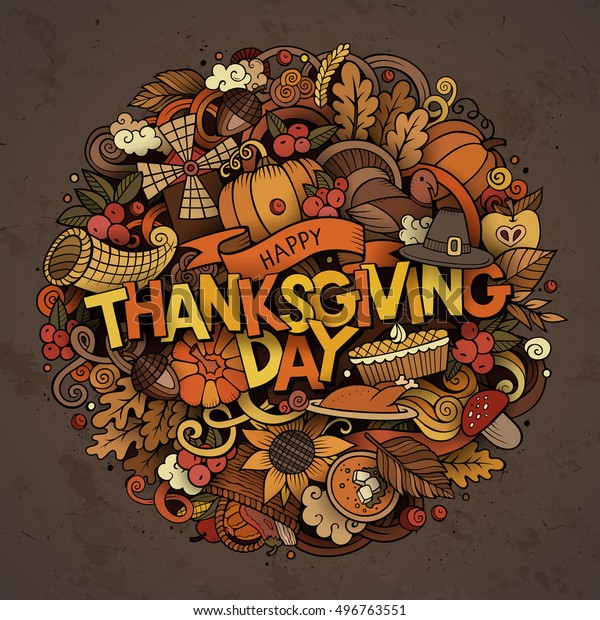 Cartoon Cute Doodles Hand Drawn Thanksgiving Stock Vector (Royalty Free ...