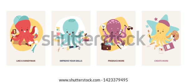 Cartoon Cute Multitasking Octopuses Motivating Cards Stock Vector ...