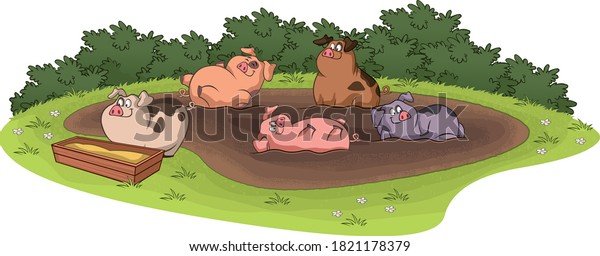 Cartoon Cute Pigs Mudd Funny Happy Stock Vector (Royalty Free ...