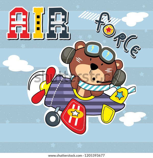 Cartoon cute pilot little bear flying with airplane on striped ...