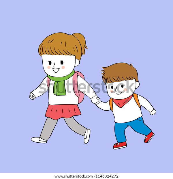 Cartoon Cute Students Walking School Vector 스톡 벡터(로열티 프리) 1146324272