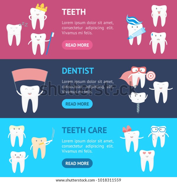Cartoon Cute Tooth Characters Banner Horizontal Stock Vector (Royalty ...