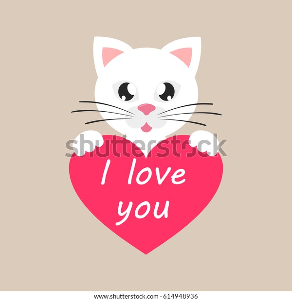 Cartoon Cute White Cat Heart Stock Vector (Royalty Free) 614948936 ...