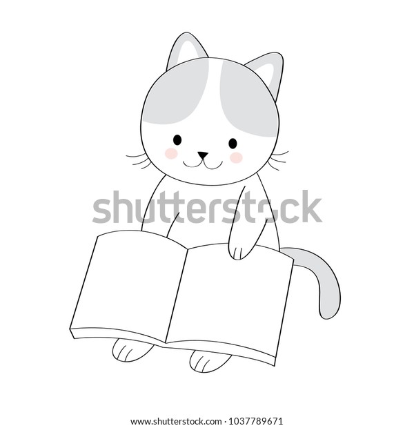 Cartoon Cute White Gray Cat Reading Stock Vector (Royalty Free ...