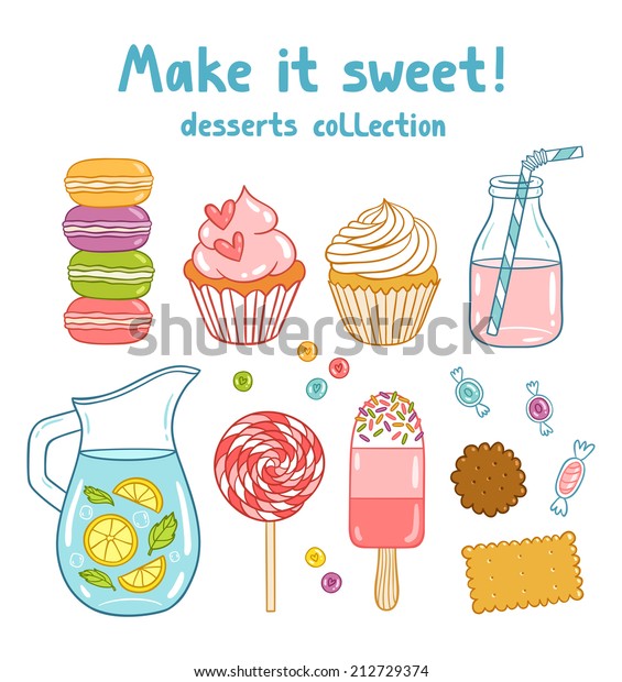 Cartoon Desserts Sweets Drinks Collection Vector Stock Vector (Royalty ...