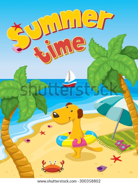 Cartoon Dog On Summer Beach Poster Stock Vector (Royalty Free ...