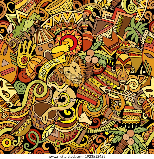 Cartoon Doodles Africa Seamless Pattern Backdrop Stock Vector (Royalty ...