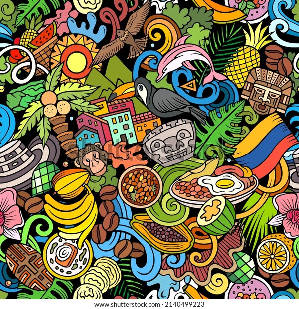 Cartoon Doodles Colombia Seamless Pattern Backdrop Stock Vector ...