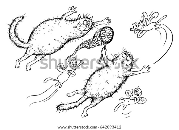Cartoon Drawing Cats Catch Flies Hand 스톡 벡터(로열티 프리) 642093412 ...