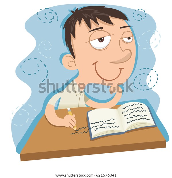 Cartoon Dreamy Schoolboy While Writing Stock Vector (Royalty Free ...