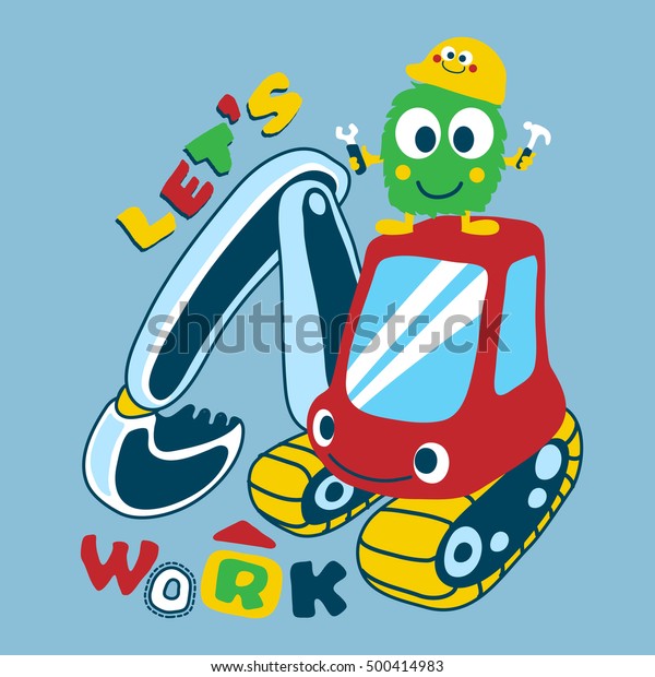 Cartoon Excavator at construction work with cartoons alien driver ...