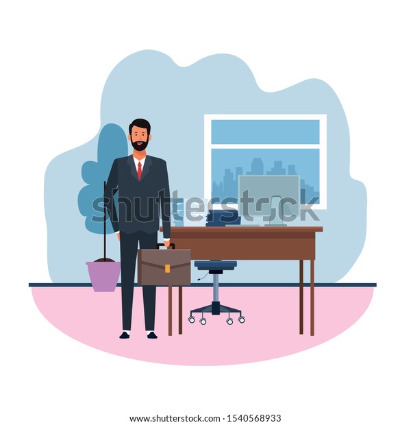 Cartoon Executive Man Office Desk Computer Stock Vector (Royalty Free ...