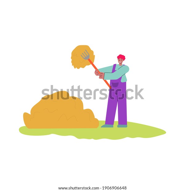 Cartoon Farmer Man Stacking Hay Rake Stock Vector (Royalty Free ...