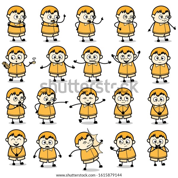 Cartoon Fat Boy Poses Set Vintage: vector de stock (libre de regalías ...