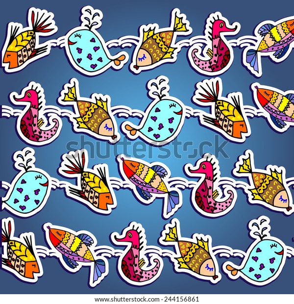 Cartoon Fish Backgrounds Set Stickers Marine Stock Vector (Royalty Free ...