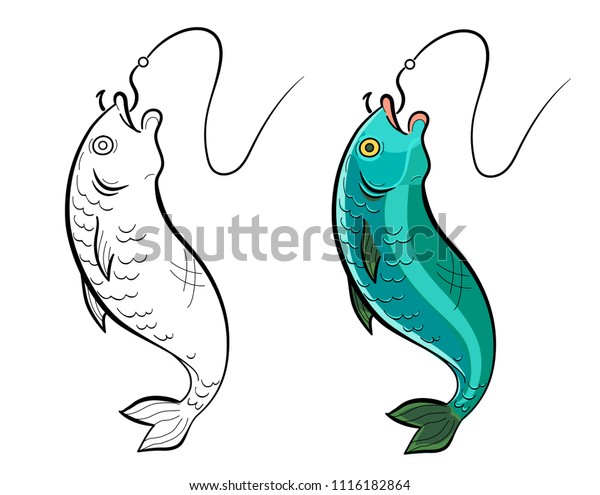 Cartoon Fish On Hook Line Art: เวกเตอร์สต็อก (ปลอดค่าลิขสิทธิ์ ...