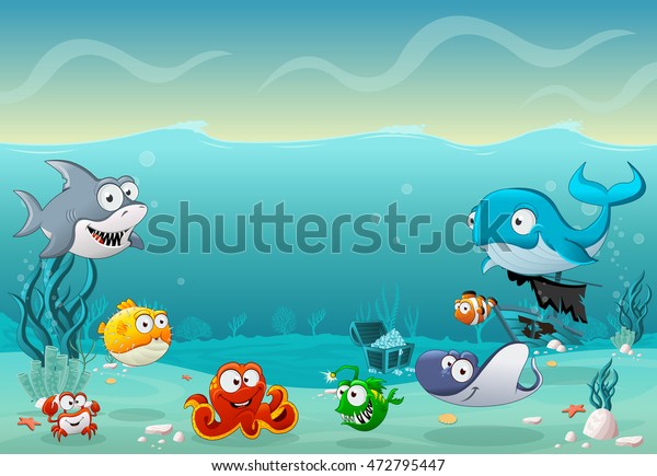 Pescado de caricatura bajo el mar. Mundo submarino con corales.