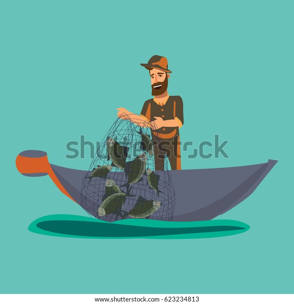 Cartoon Fisherman Standing Hat Pulls Net Stock Vector (Royalty Free ...