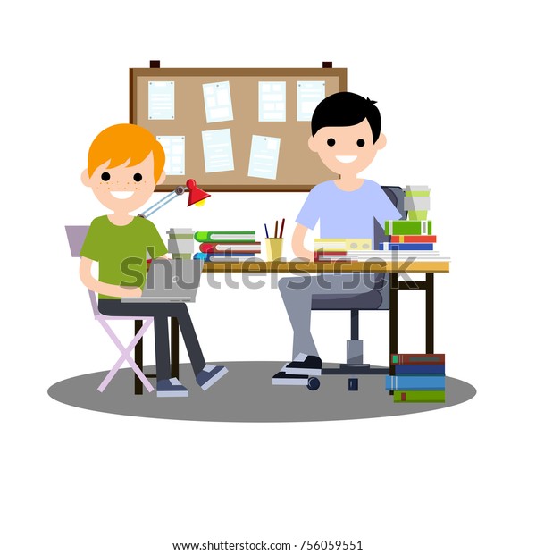 Cartoon Flat Illustration Two Guys Students: เวกเตอร์สต็อก (ปลอดค่า ...