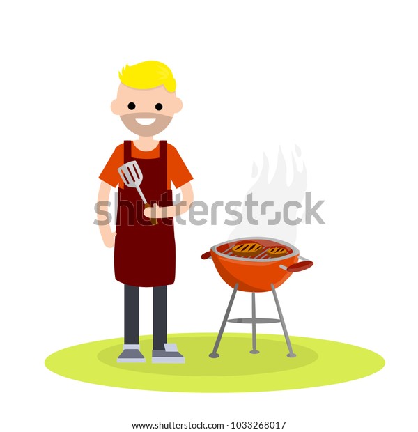 Cartoon Flat Illustration Young Man Frying Stock Vector (Royalty Free ...