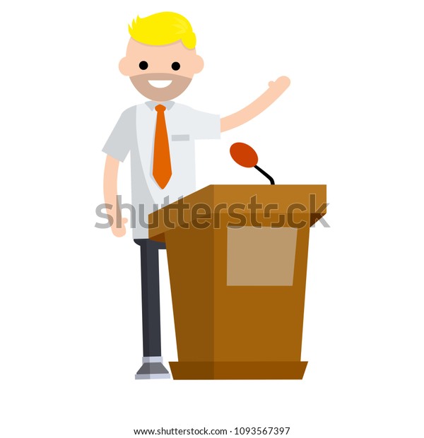 Cartoon flat illustration -young man in shirt behind podium. guy spoke ...