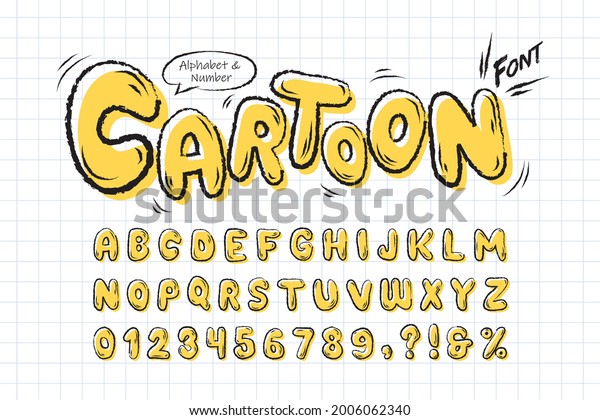 Fuente de dibujos animados. Alfabeto de doodle de cómic amarillo y ...