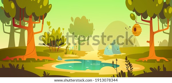 Cartoon forest background with pond or swamp and trail, nature ...