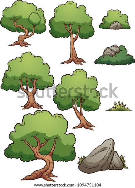 Cartoon Forest Trees Bushes Hedges Rocks Stock Vector (Royalty Free ...