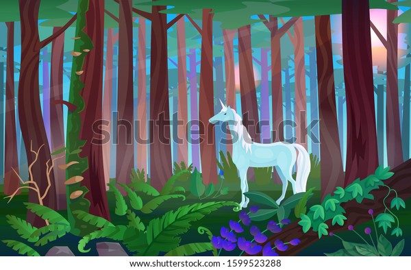 Cartoon Forest Vector Illustration Unicorn White Stock Vector (Royalty ...