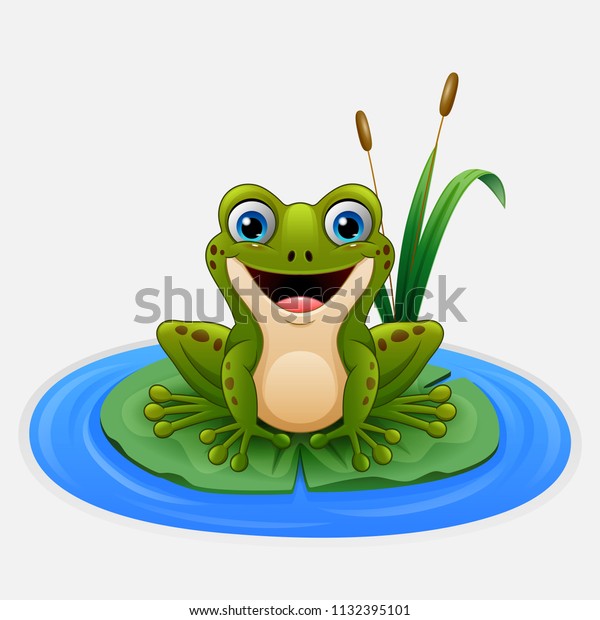 Cartoon frog on a leaf in the pond