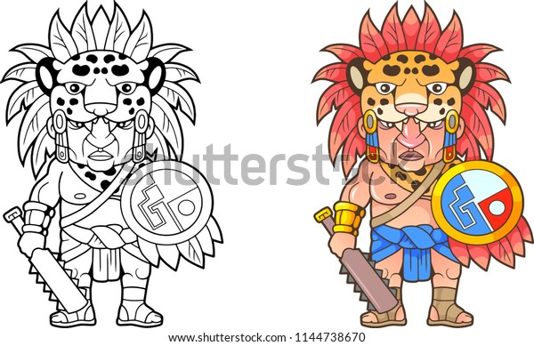 Cartoon Funny Aztec Warrior Design Coloring: vector de stock (libre de ...