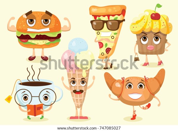 Cartoon Funny Food Characters Vector Illustration: เวกเตอร์สต็อก (ปลอด ...