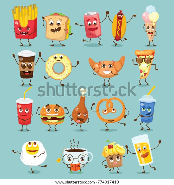 Cartoon funny food characters vector illustrations- cupcake, croissant ...